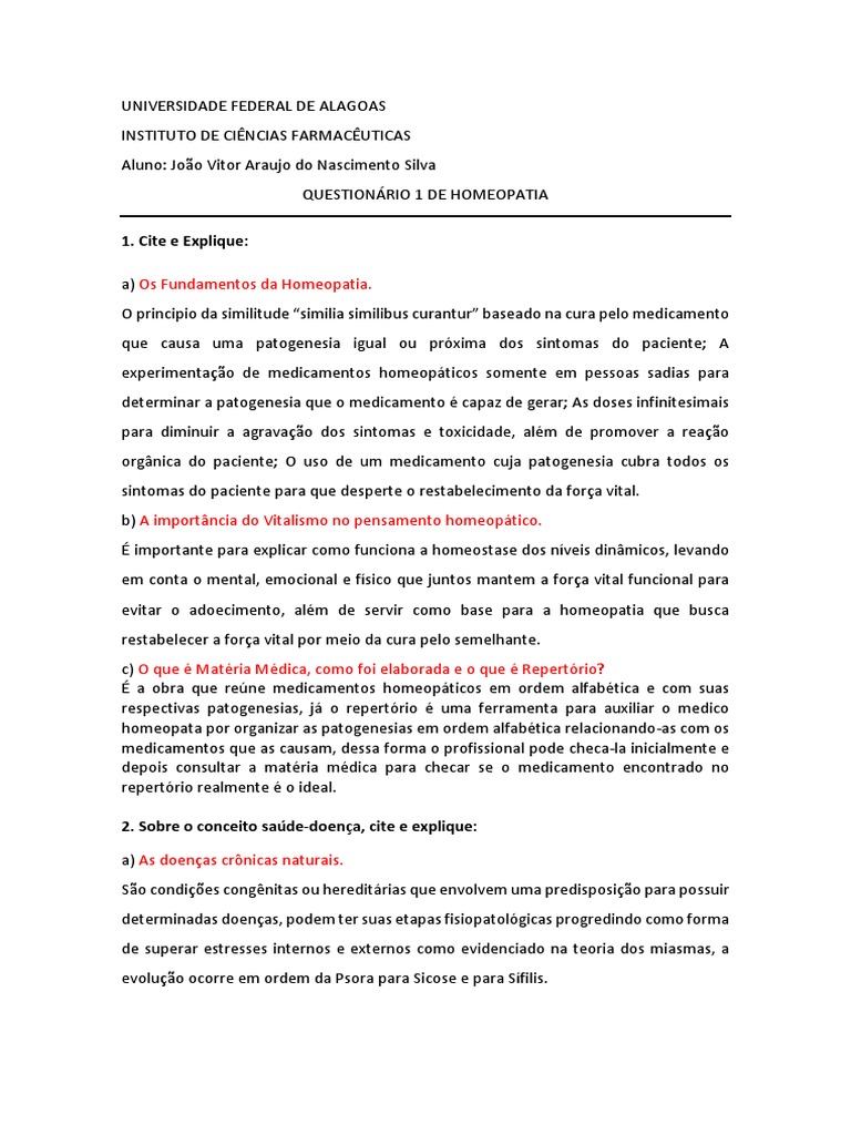 Questionário 1 de Homeopatia - João Vitor Araujo | PDF | Homeopatia | Remédio