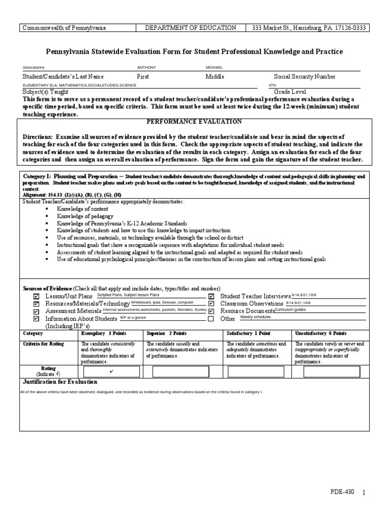 Pennsylvania Student Teacher Evaluation Form | PDF | Teachers | Pedagogy