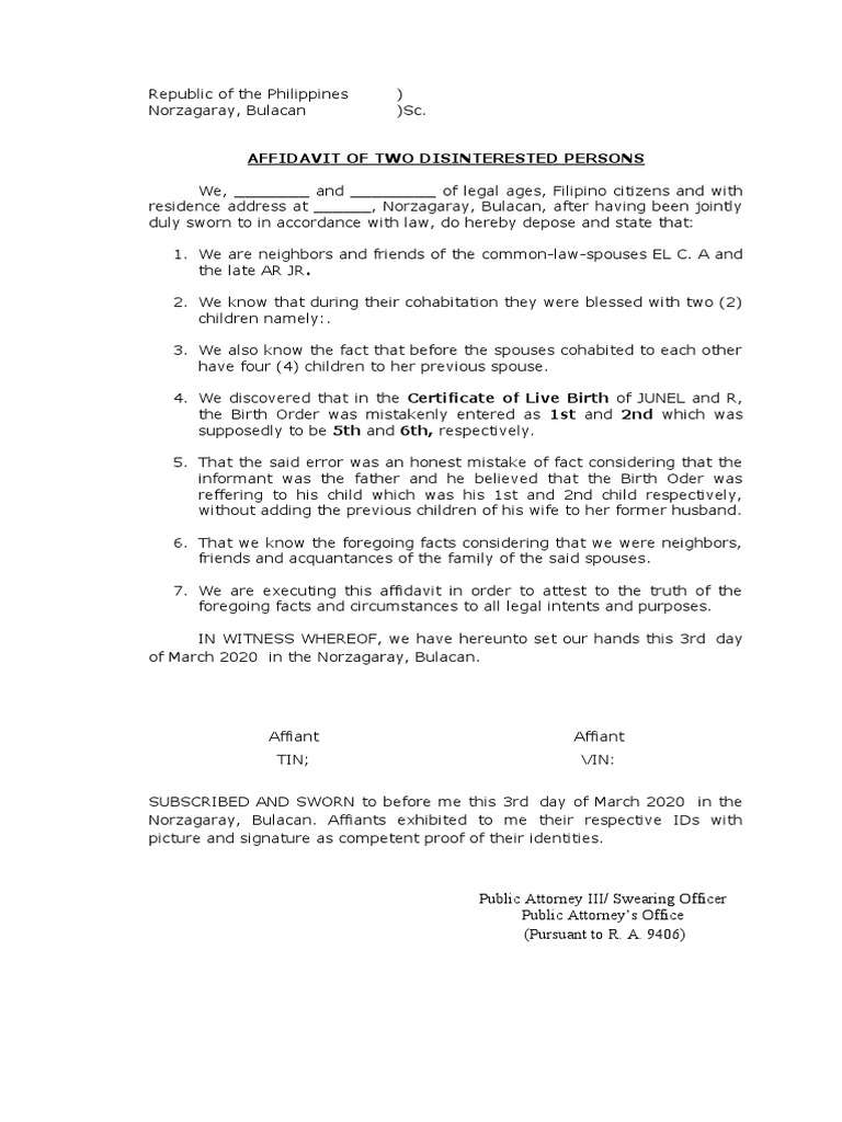 Affidavit of Two Disinterested Person- BIRTH CERT1 | PDF