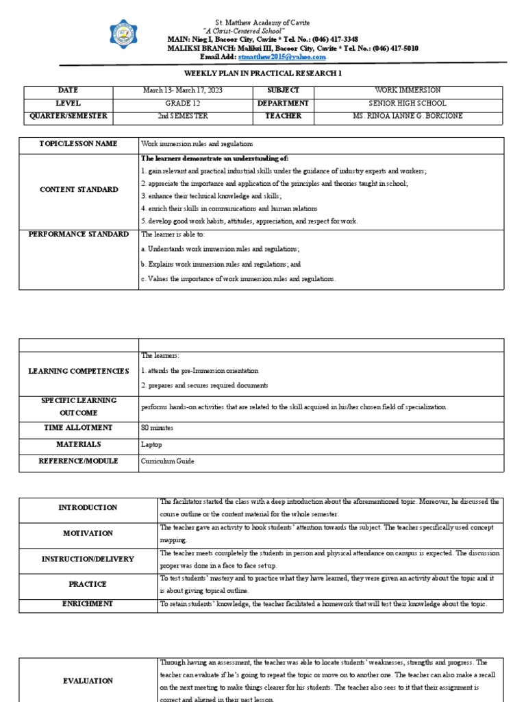 Weekly Plan Week 2 | PDF | Teachers | Learning
