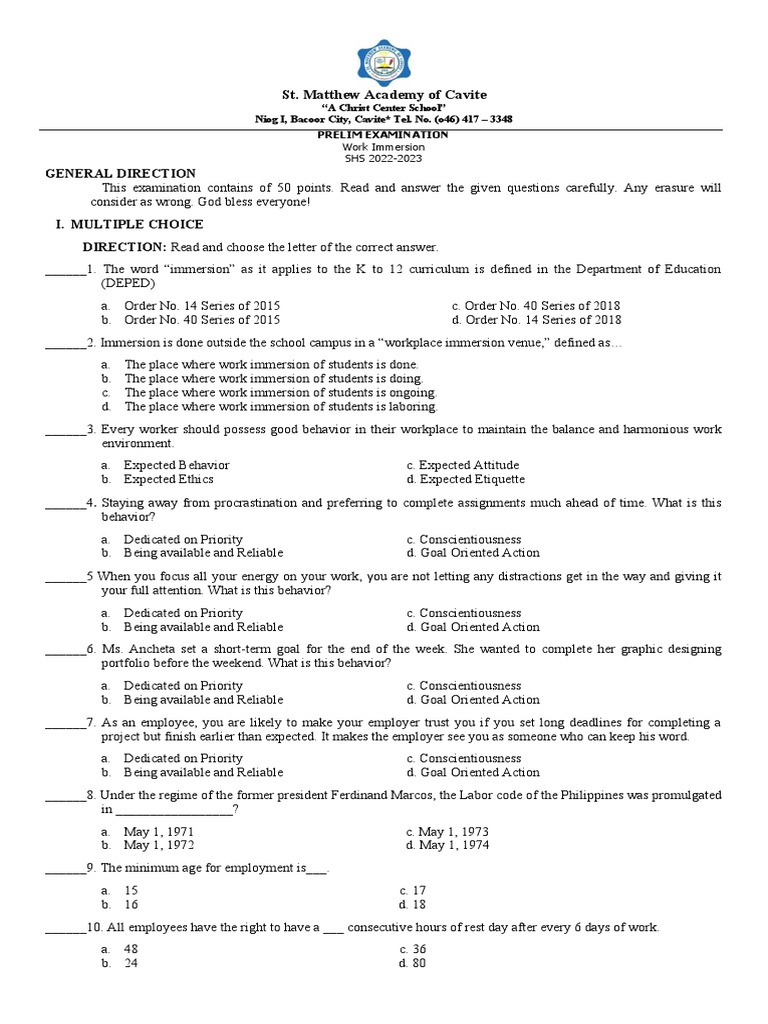 Prelim - Work Immersion | PDF | Employment | Cognitive Science
