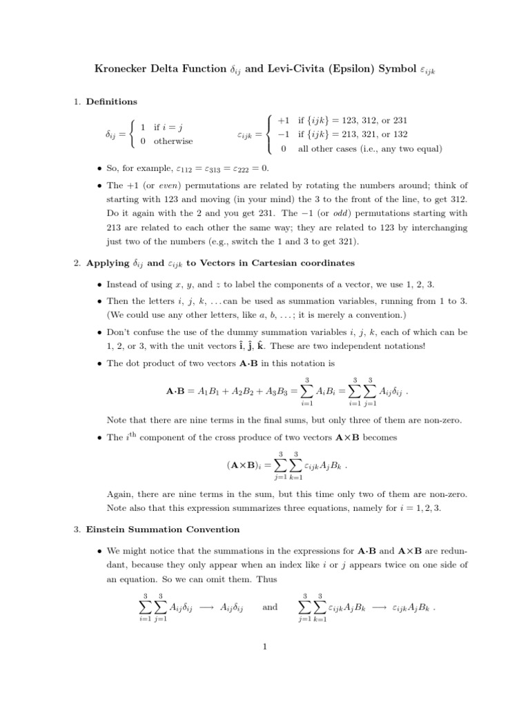 Kronecker Delta and Levi-Civita Symbol | PDF | Euclidean Vector ...