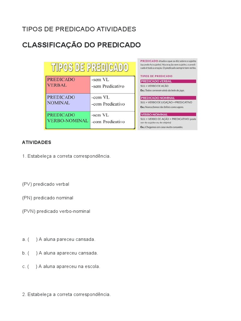 Tipos de Predicado Atividades | PDF | Arte