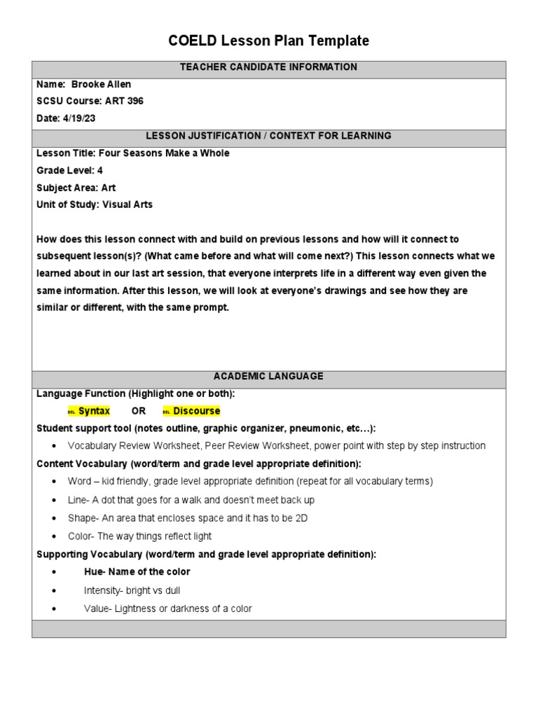 Edtpa Art Lesson Plan - Ba | Download Free PDF | Lesson Plan | Vocabulary