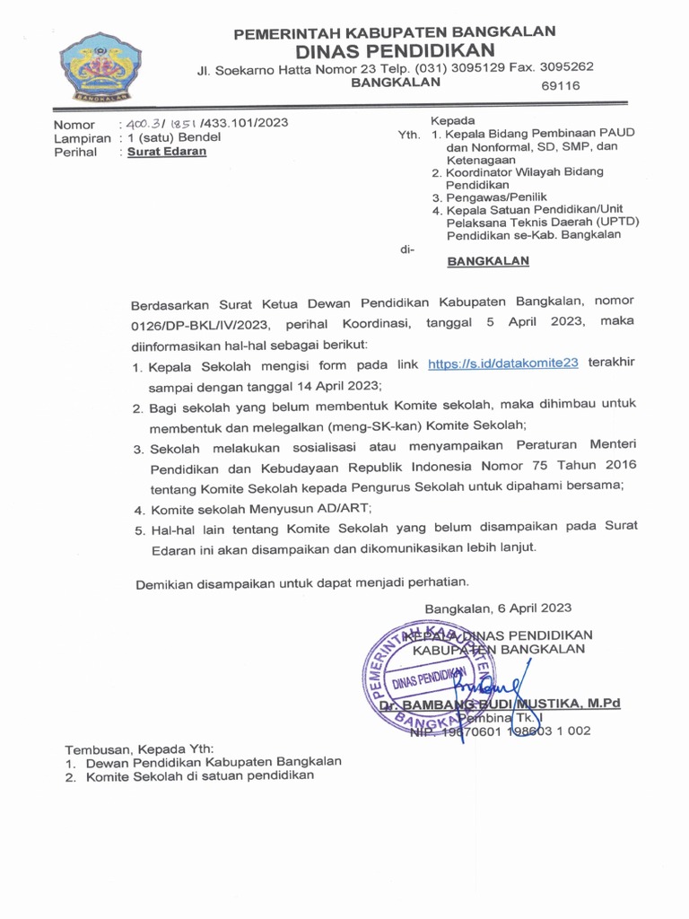 Surat Edaran Komite Sekolah | PDF