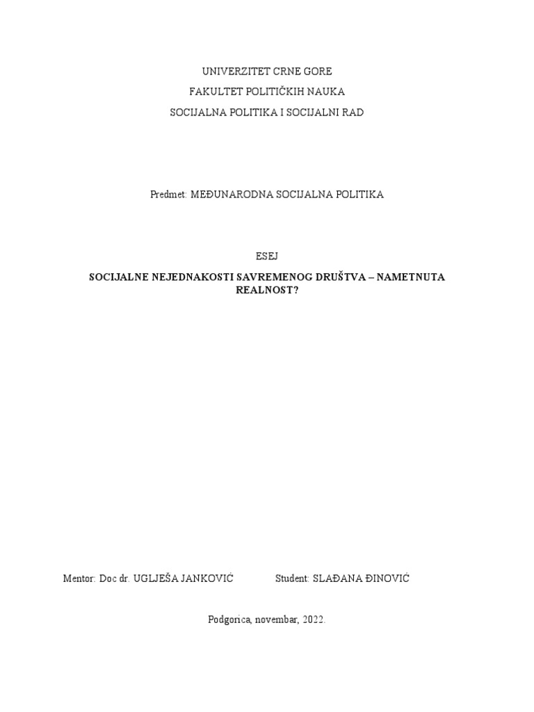 Univerzitet Crne Gore Fakultet Političkih Nauka Socijalna Politika I Socijalni Rad | PDF