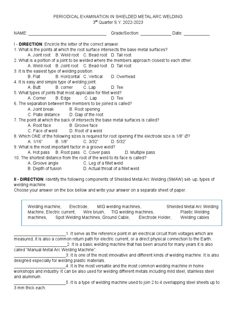 SMAW Periodical Exam and Answers | PDF | Construction | Welding