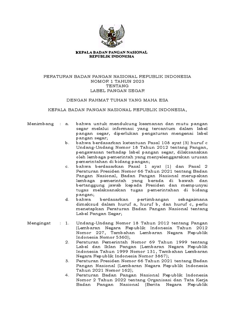 Peraturan Bapanas Nomor 1 Tahun 2023 - CEK | PDF