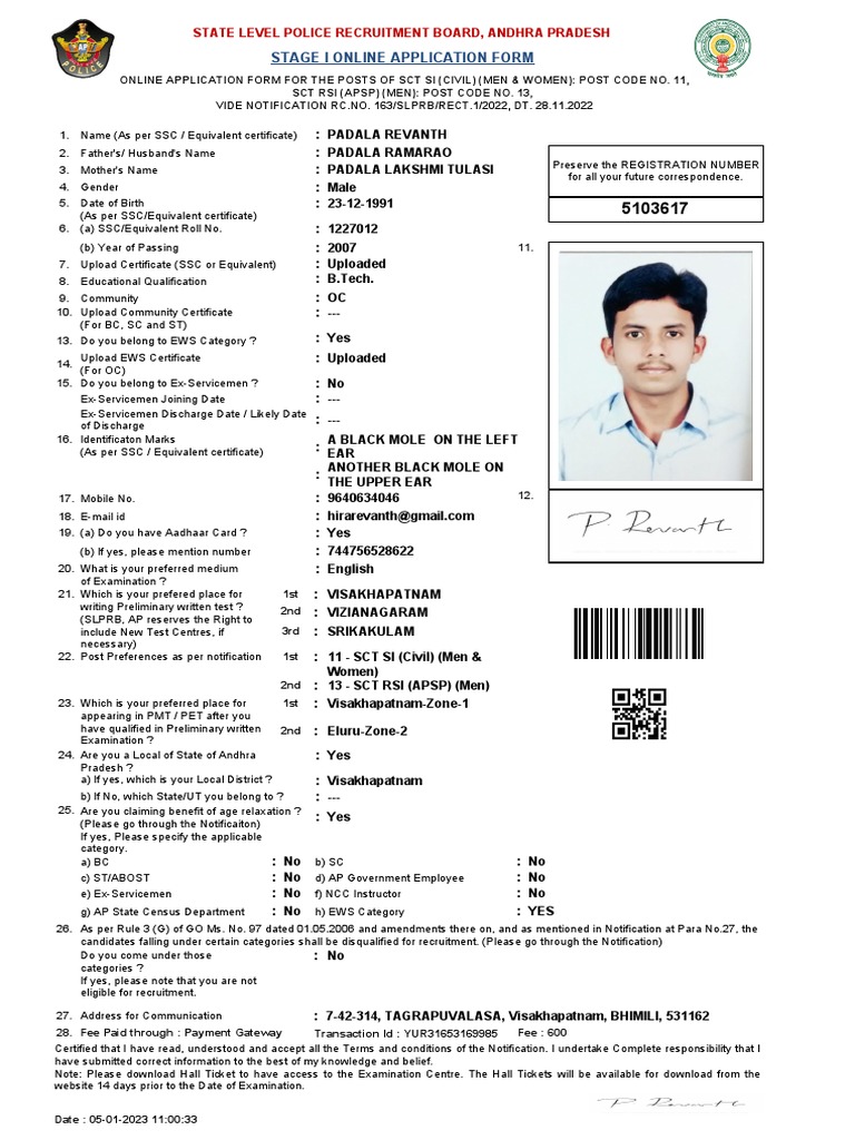 Application for Police Recruitment in Andhra Pradesh: Online Form for ...