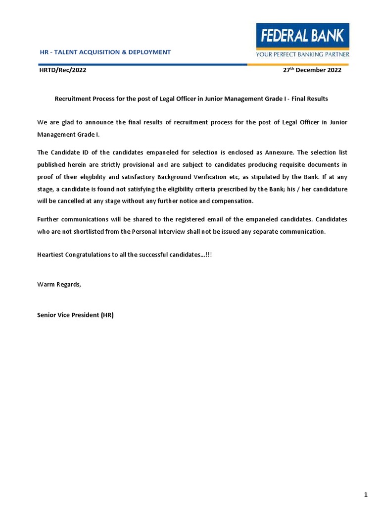 Recruitment of Legal Officer in JMG I - Final Results | PDF