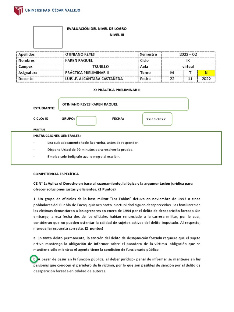 PRÁCTICA PRELIMINAR II PRUEBA DE NIVEL DE LOGRO 2 | PDF | Evidencia (ley) | Principios éticos
