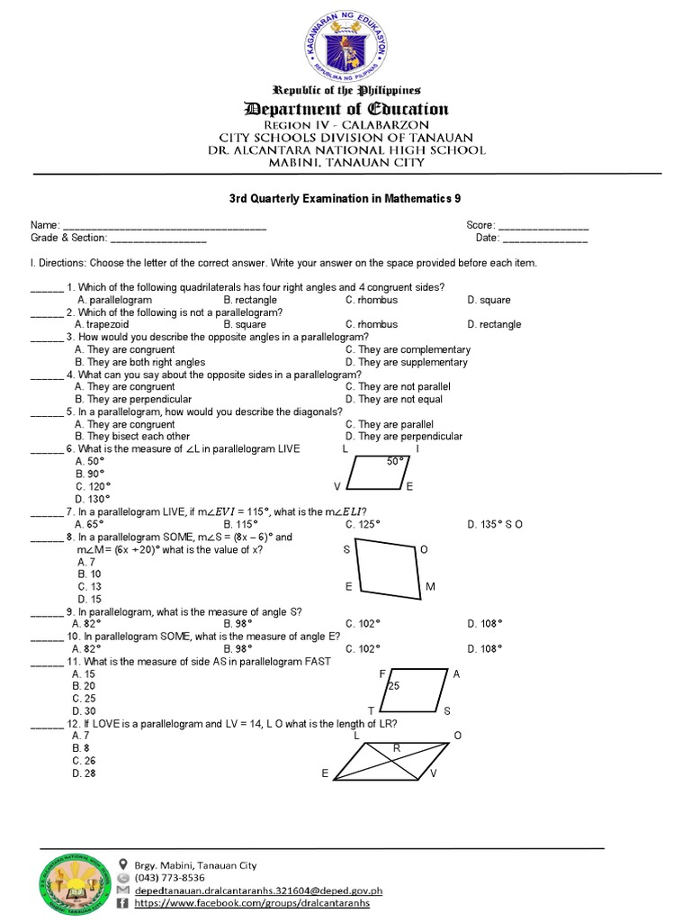 Junior High School Math 9 3rd Quarterly Examination | PDF | Rectangle ...