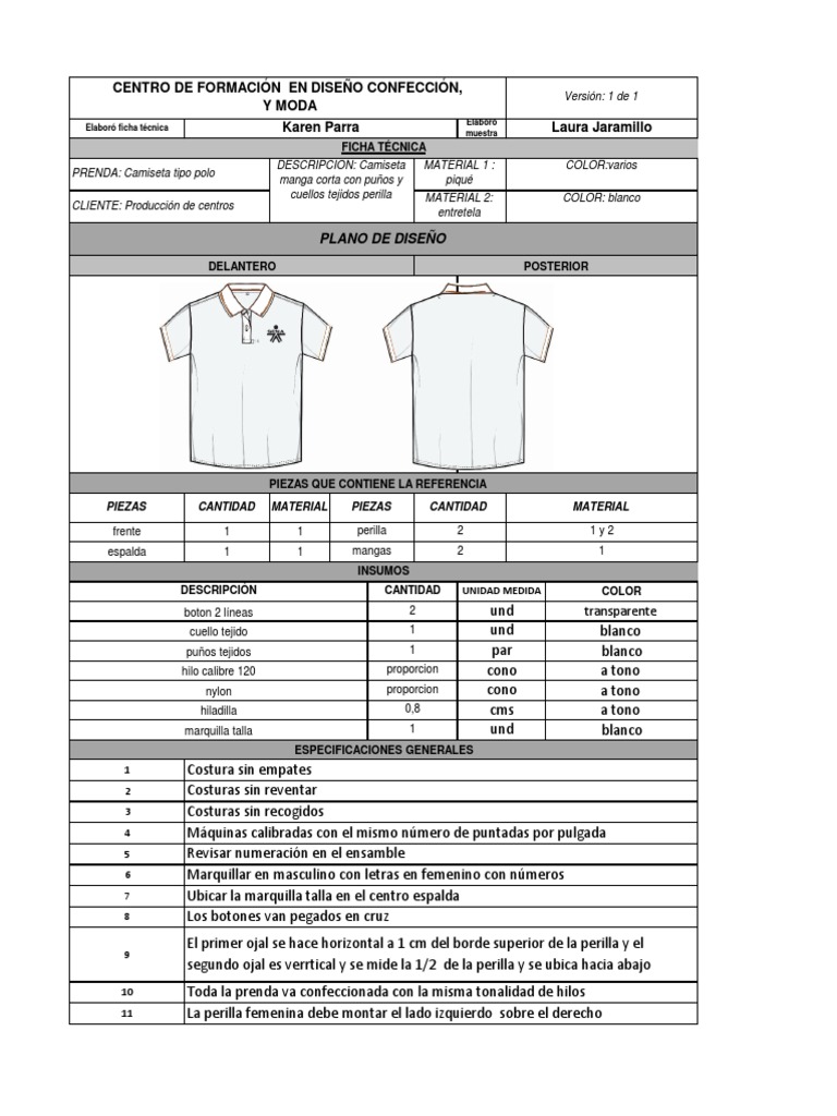 Ficha técnica para la confección de camisetas tipo polo con especificaciones de materiales ...