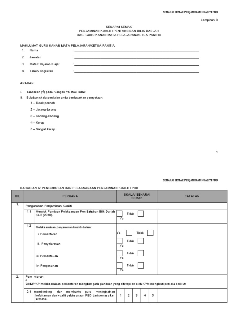 V2MLT Senarai Semak Penjaminan Kualiti PBD Lampiran B-1 | PDF