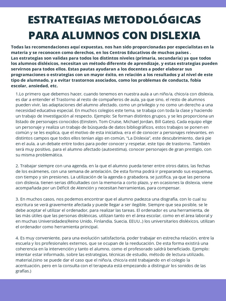 Estrategias Metodológicas para Alumnos Con Dislexia | PDF | Salón de ...