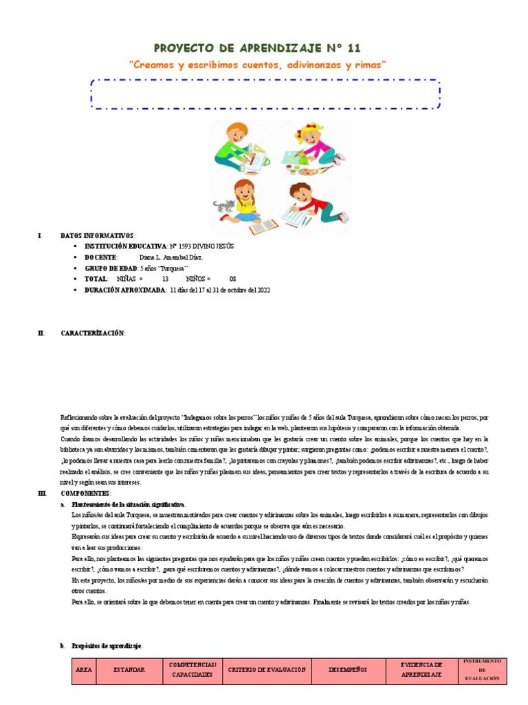 Proyecto - Escribimos Cuentos, Adivinanzas y Rimas | PDF | Evaluación | Aprendizaje