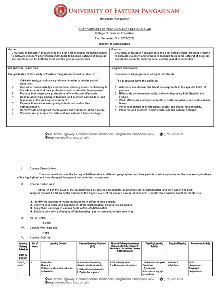 History of Mathematics Course Plan | PDF | Mathematics | Euclid
