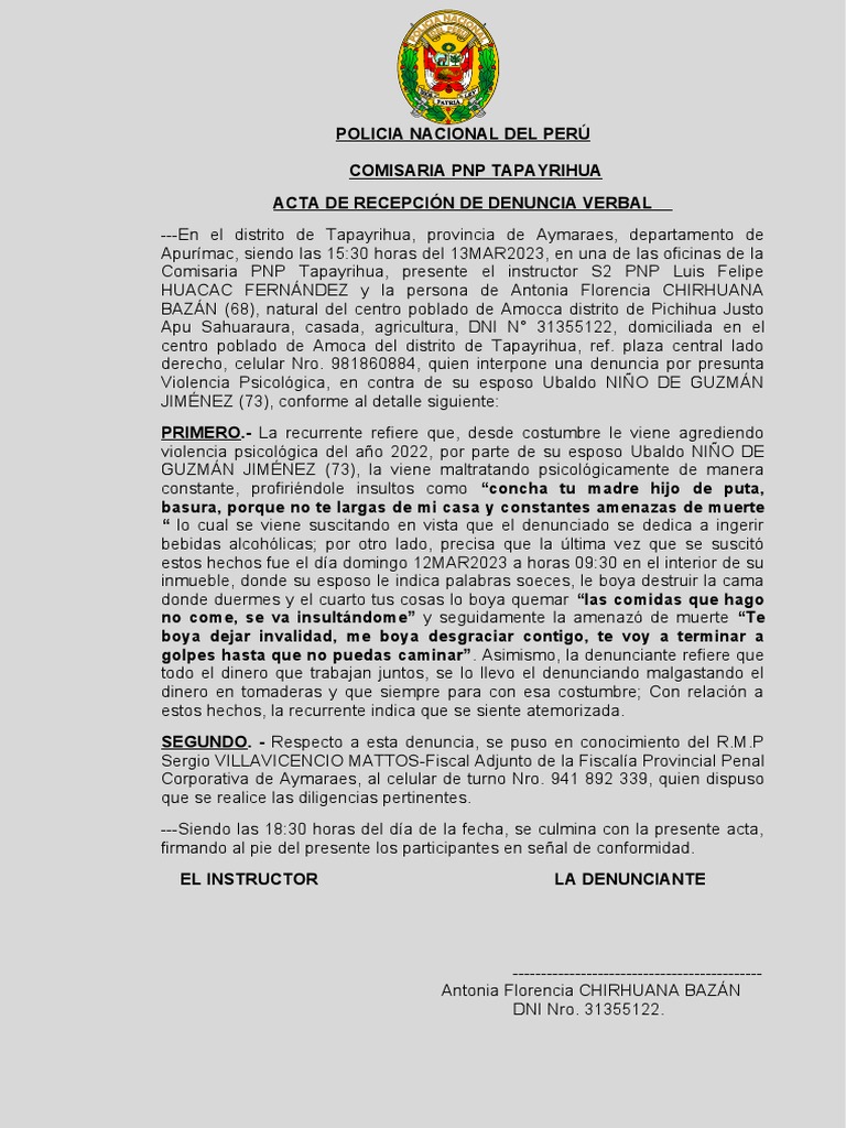 Acta de Recepcion de Denuncia Verbal Por Violencia Psicologica | PDF | Gobierno | Violencia