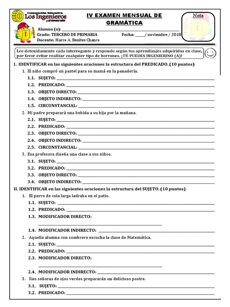 Examen de GRAMÀTICA 3ero Pri. | PDF | Sintaxis | Gramática