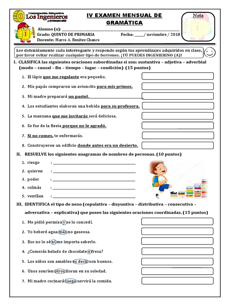 Examen de GRAMÀTICA 5to Pri. | PDF