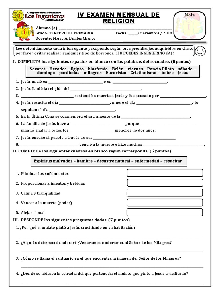 Examen de RELIGION 3ero Prim. | PDF | Jesús