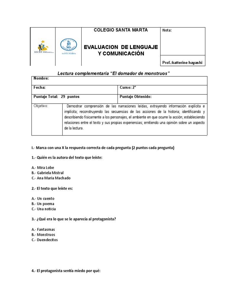 Evaluacion de Lenguaje Y Comunicación: Lectura Complementaria "El Domador de Monstruos" | PDF