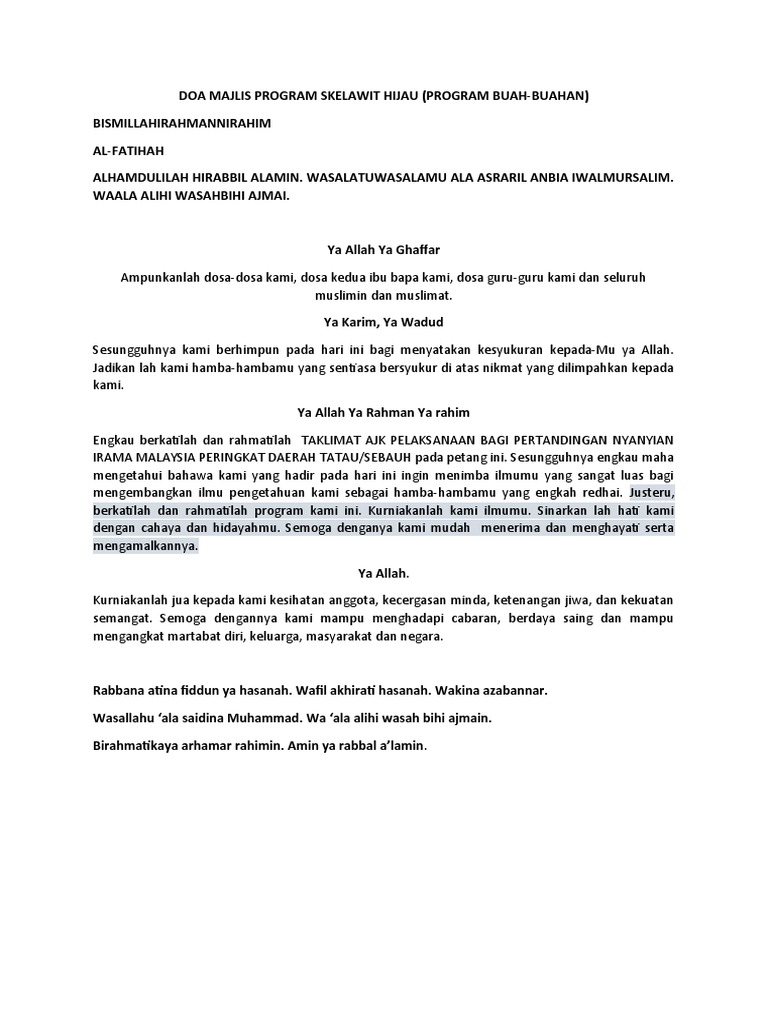 Doa Majlis Program S'kelawit Hijau Program Buah-Buahan | PDF