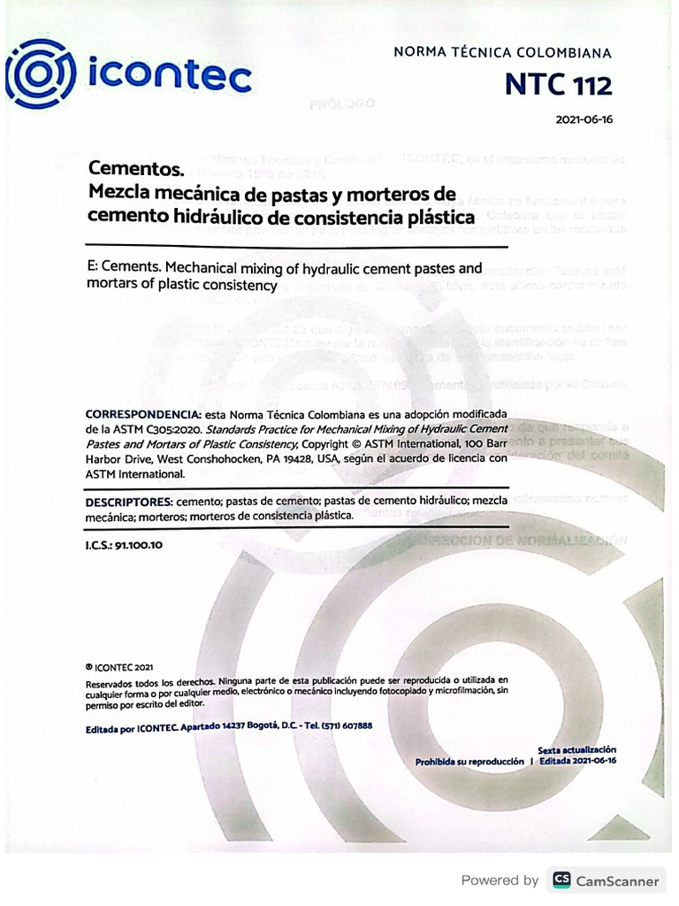NTC 112-2021 Mezcla Mecnica de Pastas y Morteros de Cemento Hidrulico de Consistencia Plstica | PDF
