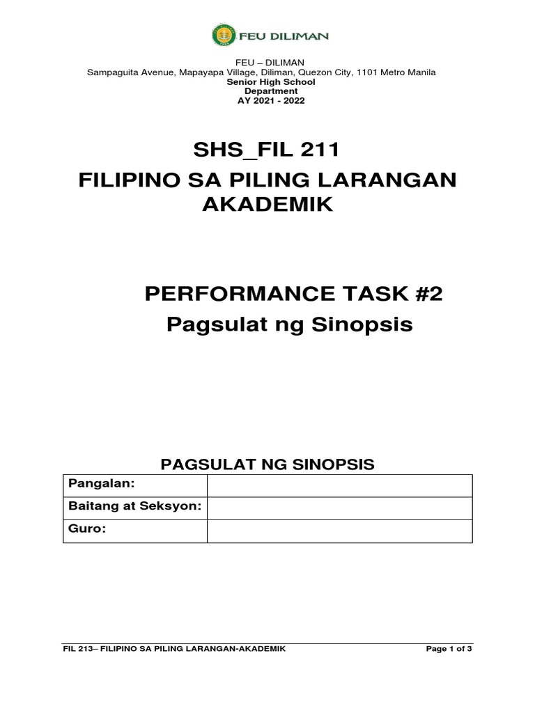 Performance Task 2 - Paglalagom - Sinopsis-1-1 | PDF