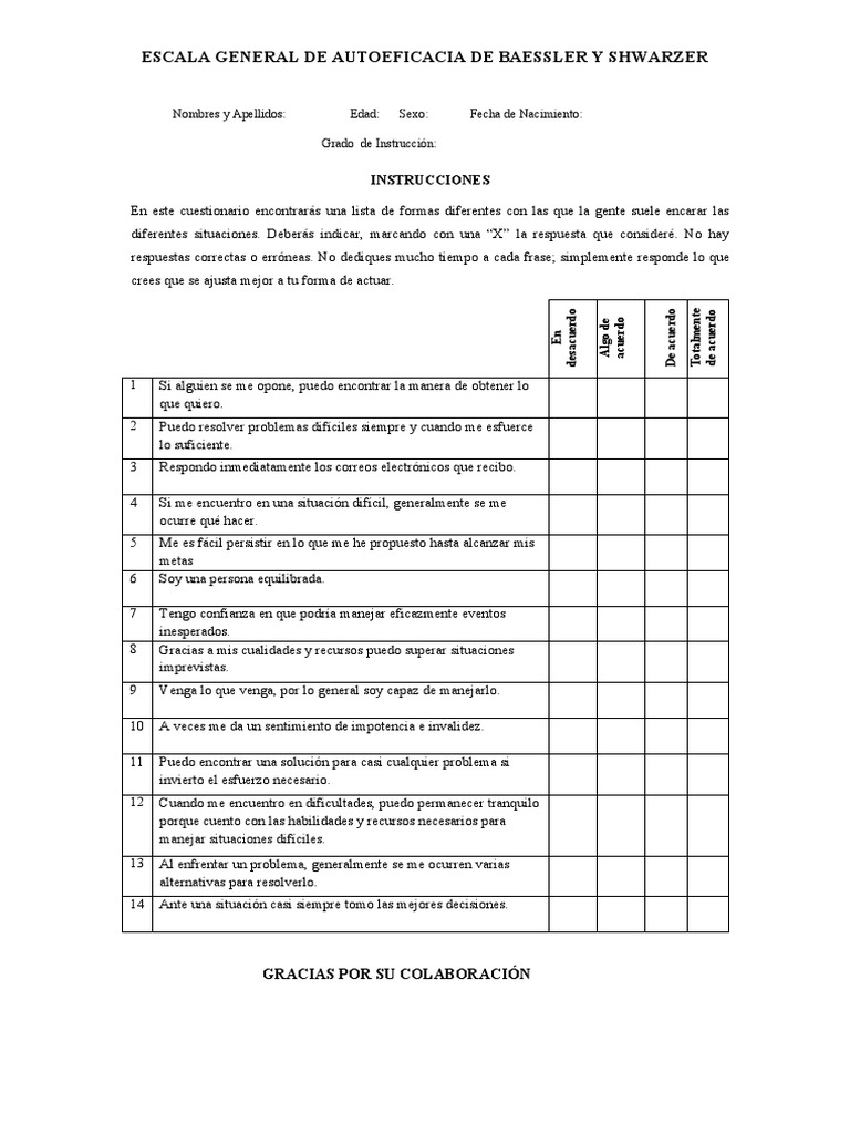ESCALA GENERAL DE AUTOEFICACIA DE BAESSLER Y SHWARZER | PDF