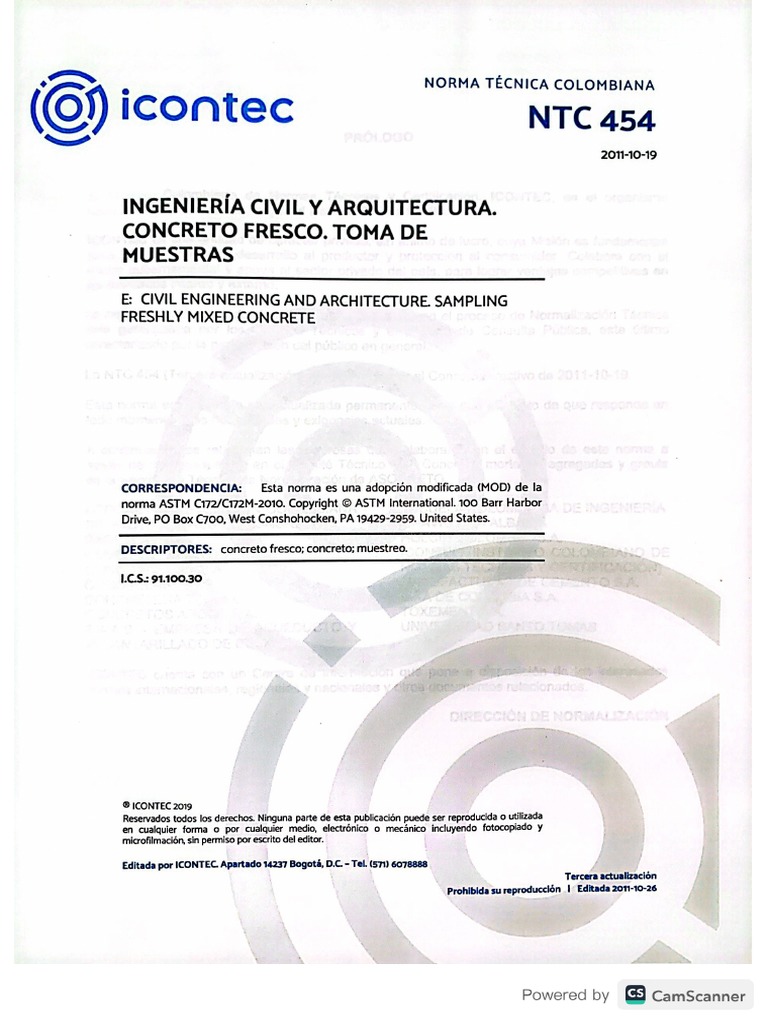NTC 454-2011 Ingenieria Civil y Arquitectura. Concreto Fresco. Toma de Muestras | PDF