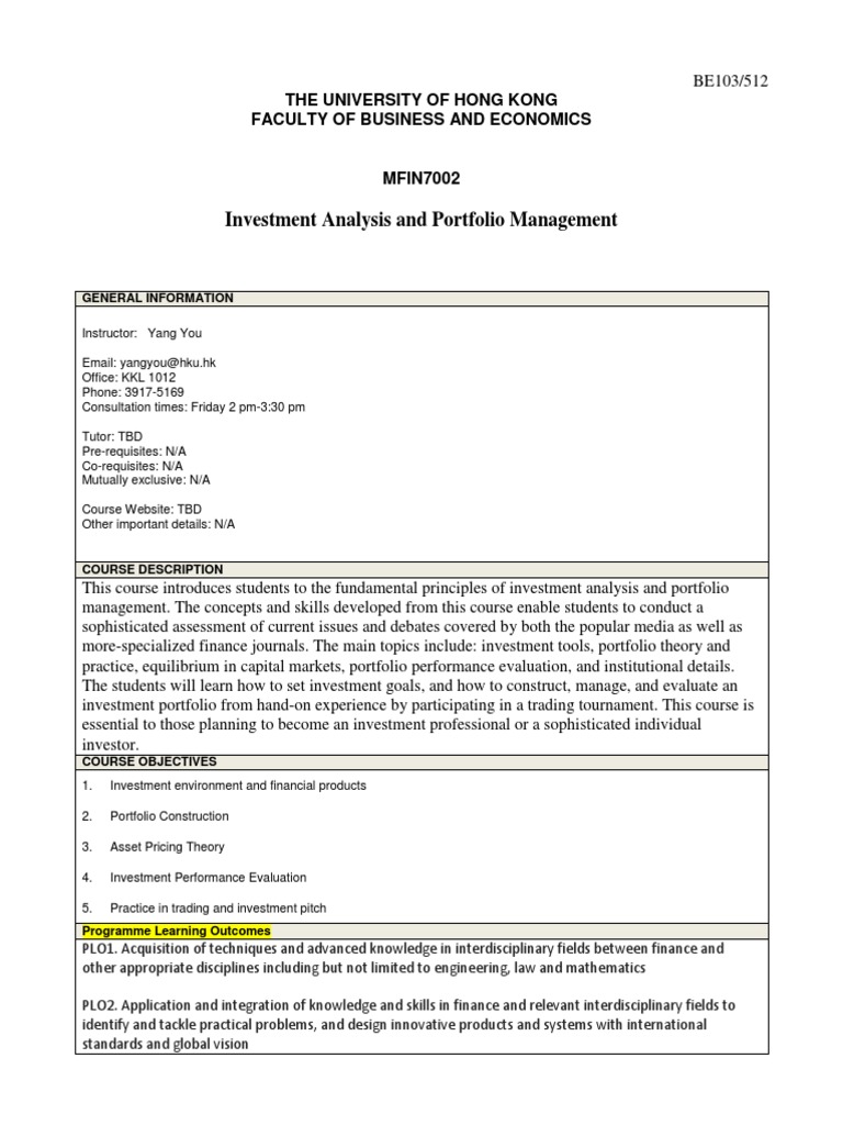 Mfin 7002 Investment Analysis and Portfolio Management | PDF | Investing