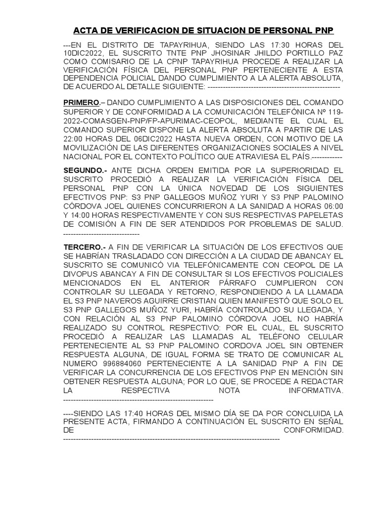 Acta de Verificacion Del Personal PNP | PDF Acta de Verificacion Del Personal PNP | PDF