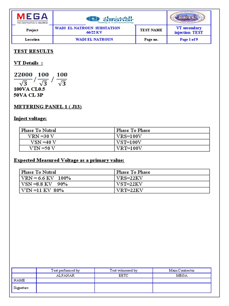 VT Secondary Injection Test Format 22kv | PDF | Electrical Substation ...