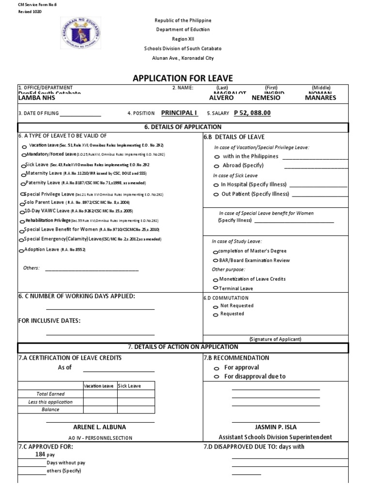 CSC FORM 6 - Leave Form | PDF | Sick Leave | Parental Leave