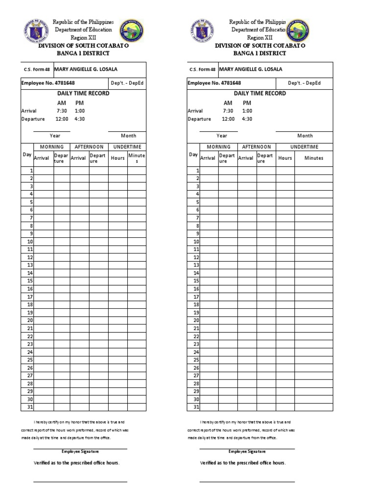 Form 48 Daily Time Record DTR | PDF | Government | Public Administration