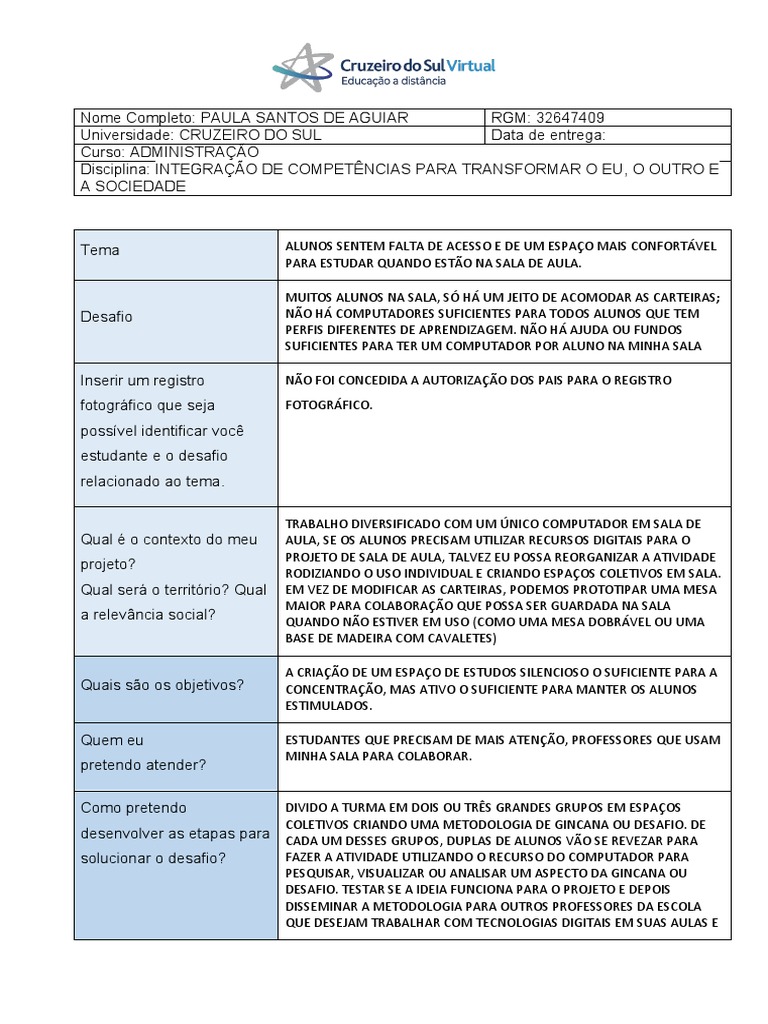 Fomulário de Entrega Do Projeto | PDF | Aprendizado