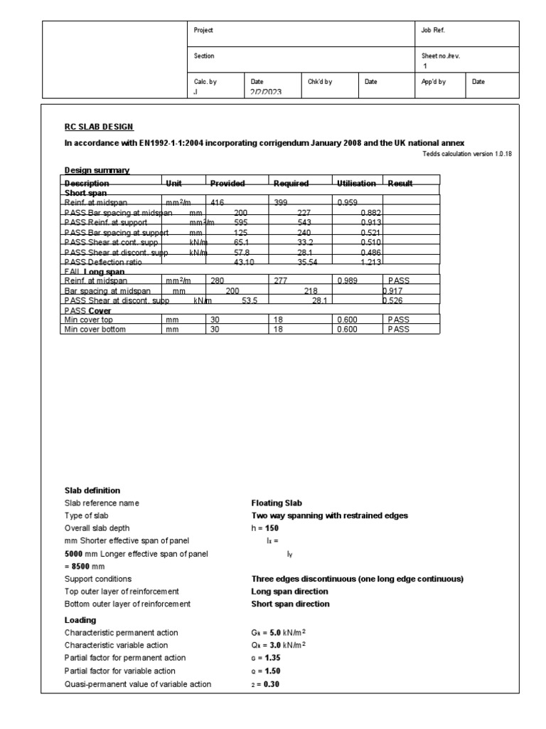 RC Slab Design Summary EN1992-1-1 | PDF | Bending | Structural Engineering