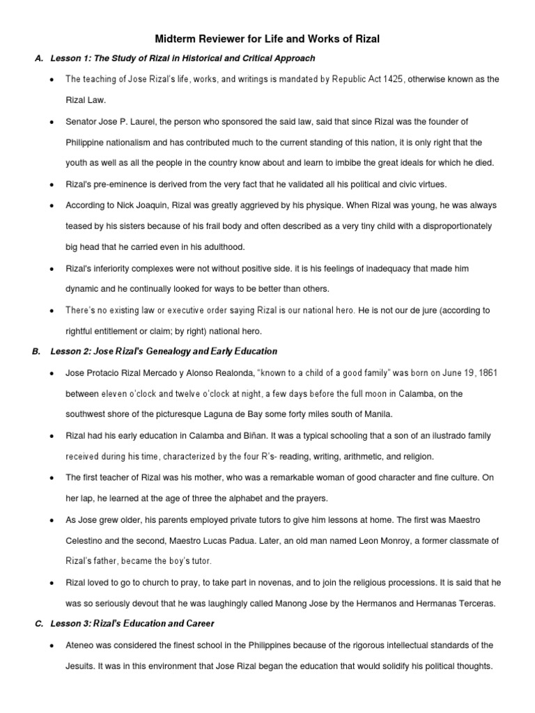 Midterm Reviewer For Life and Works of Rizal | PDF | Philippines