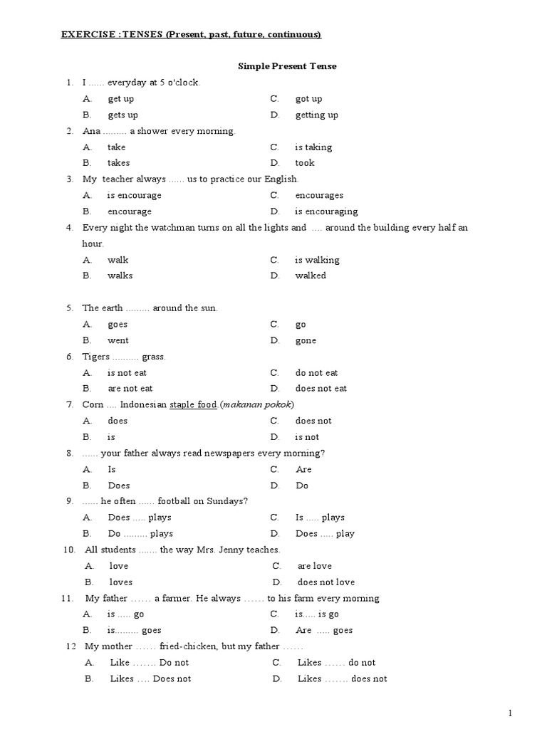 EXERCISE:TENSES (Present, Past, Future, Continuous) Simple Present ...