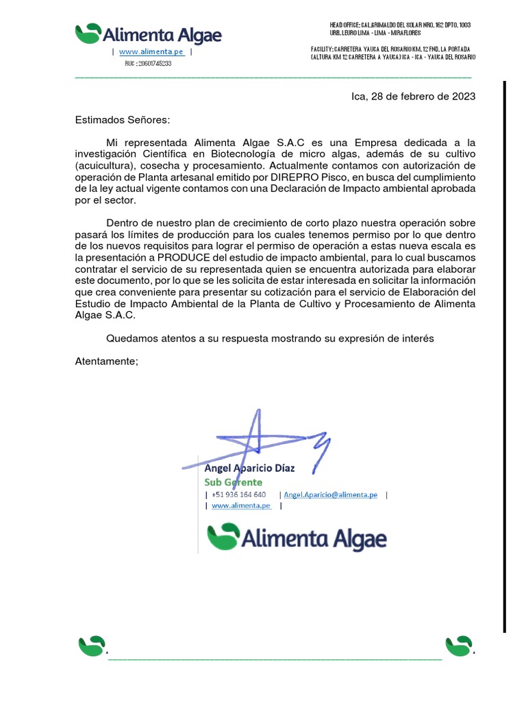 Estudio de Impacto Ambiental para Alimenta Algae | PDF | Negocios