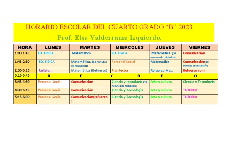 Horario Escolar Del Cuarto Grado B | PDF