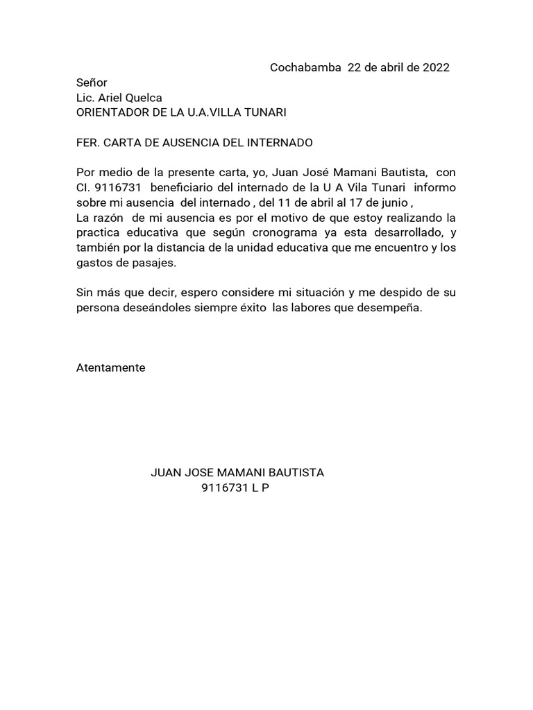 Carta de Ausencia del Internado | PDF