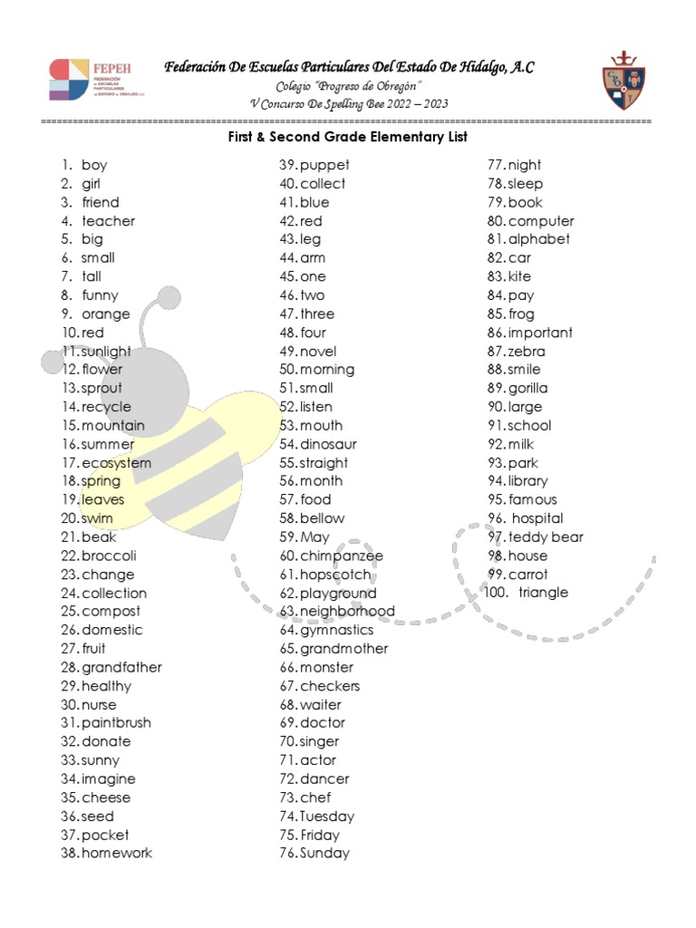 First & Second - Elementary - Spelling Bee Contest - Fepeh - 2023 | PDF