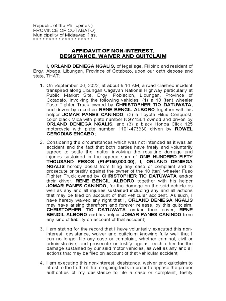 Affidavit of Quitclaim | PDF | Affidavit | Civil Law (Common Law)