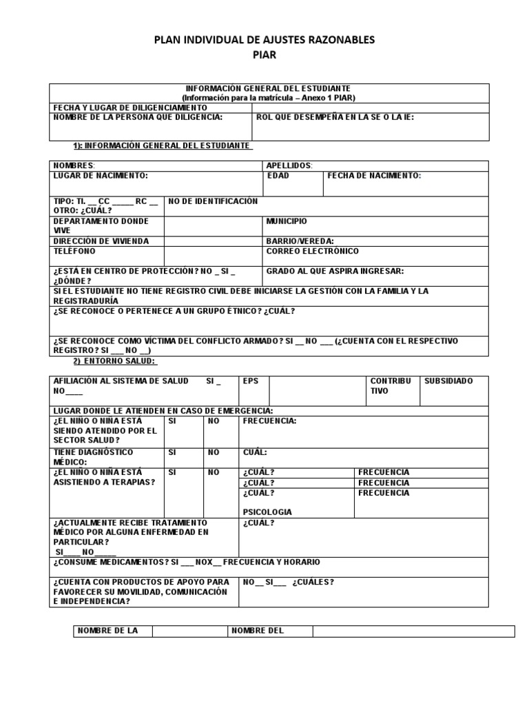 Formato Guía para Elaborar Un PIAR (Tomado de Una I E) | PDF ...