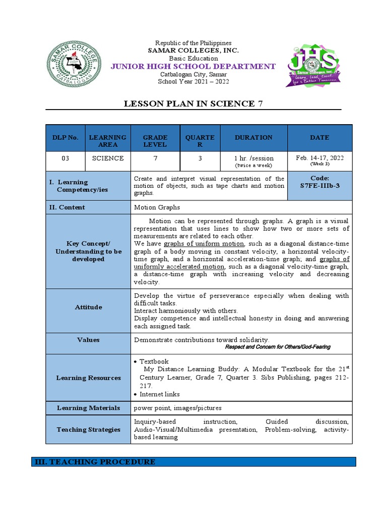 Lesson Plan in Science 7: Junior High School Department | PDF | Speed ...