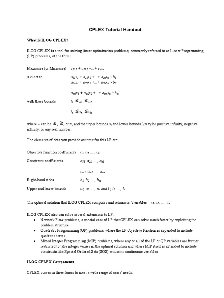 CPLEX Tutorial Handout | PDF | Mathematical Optimization | Java (Programming Language)