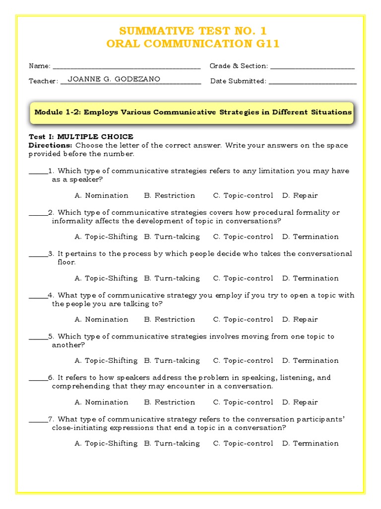 Grade 11 Oral Communication Test 1 | PDF | Conversation | Cognitive Science