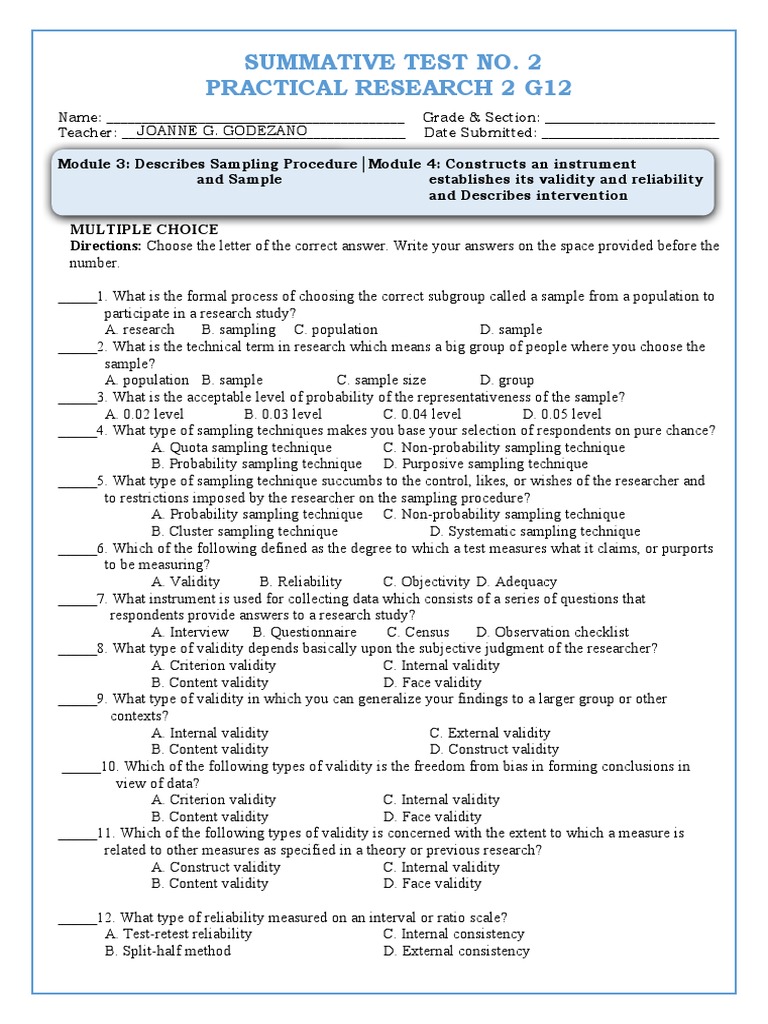 Summative Test No. 2 Practical Research 2 G12 | PDF | Validity ...